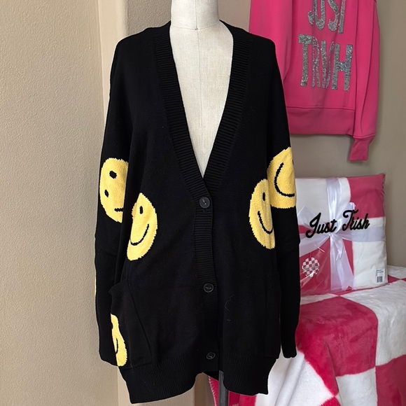 Sweaters | Lala Black Smiley Face Cardigan Sweater | Poshmark